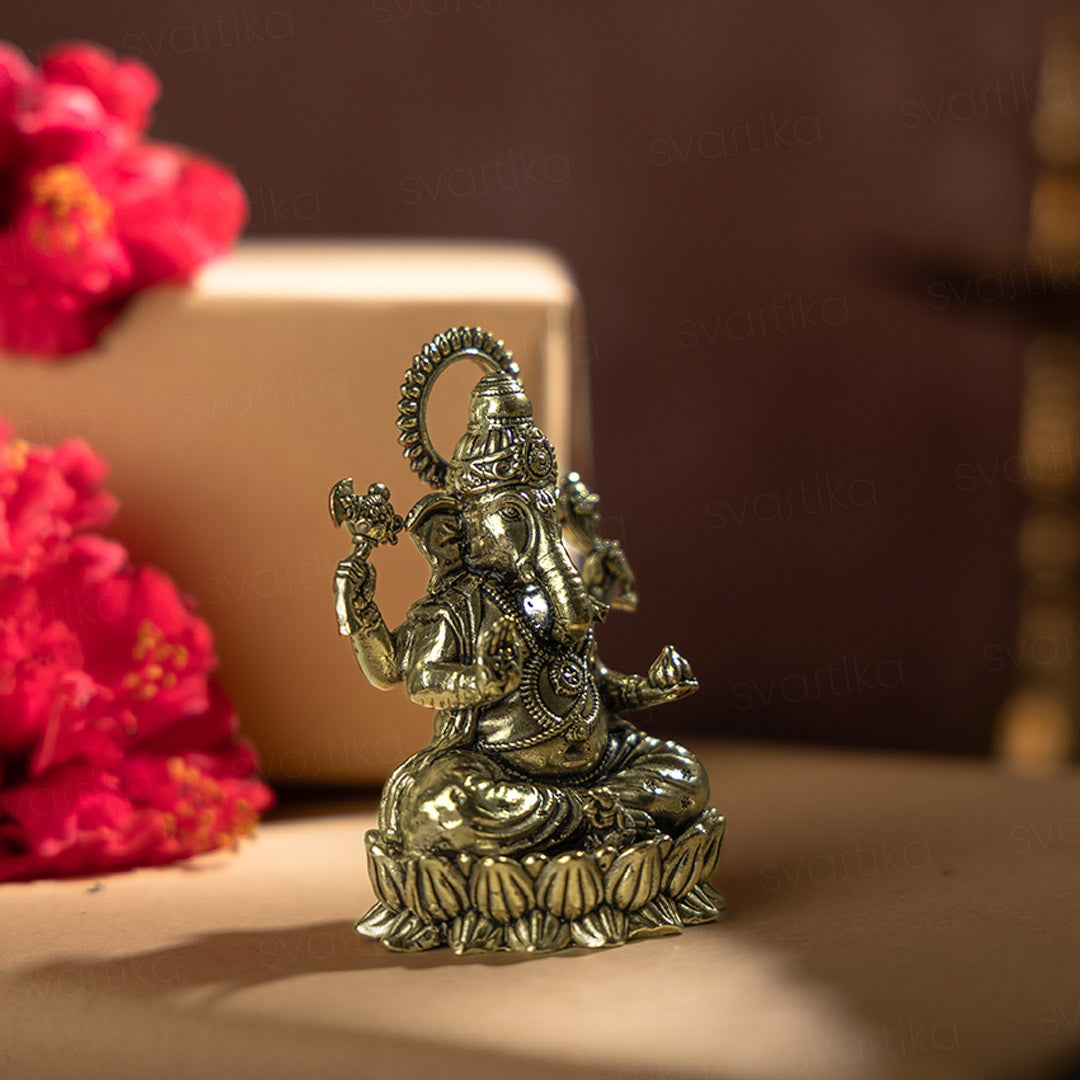 Brass Left-Trunk Ganesha Murti | 3" Idol Sitting on Lotus for Home Man