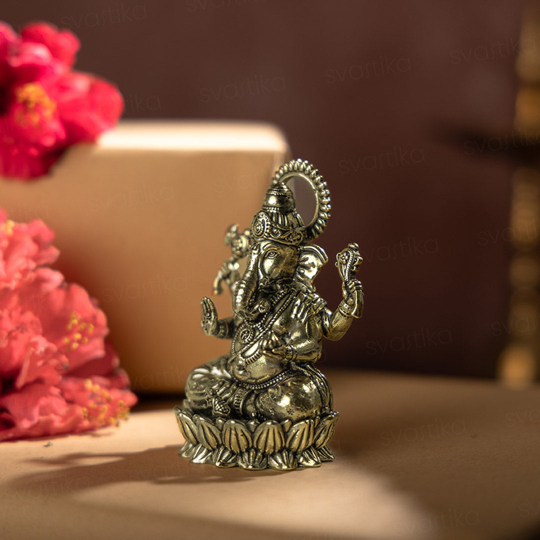 Brass Left-Trunk Ganesha Murti | 3" Idol Sitting on Lotus for Home Man