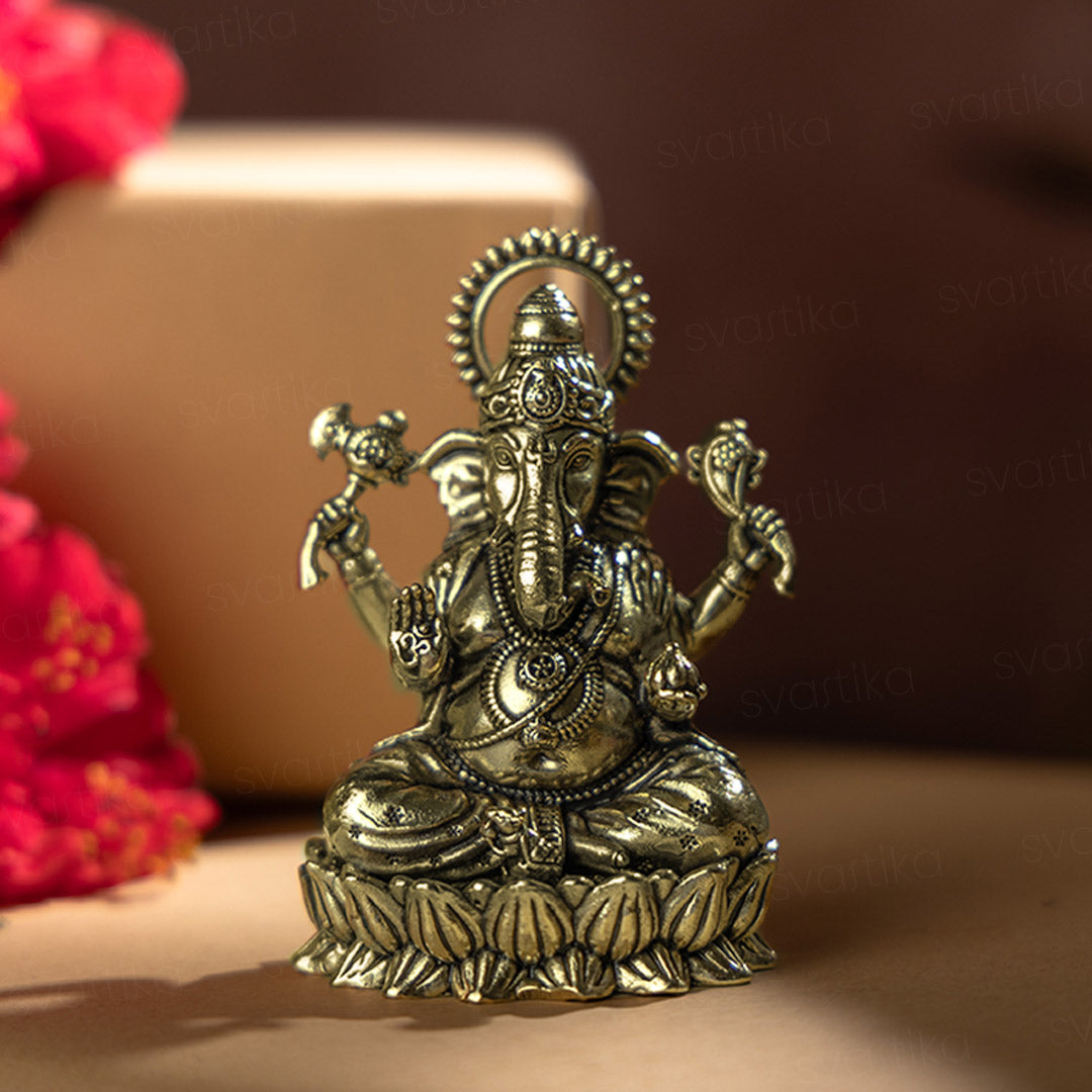 Brass Left-Trunk Ganesha Murti | 3" Idol Sitting on Lotus for Home Man