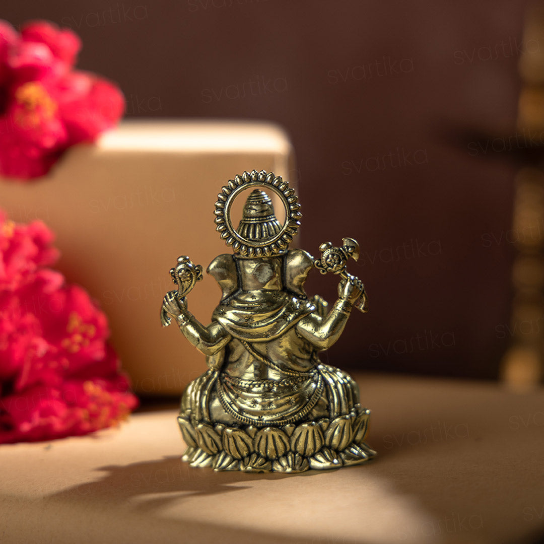Brass Left-Trunk Ganesha Murti | 3" Idol Sitting on Lotus for Home Man