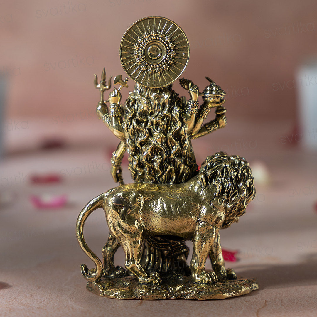 Brass Standing Durga Maa Murti with Lion ( 6 Inch)