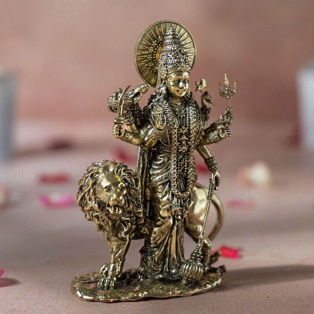 Brass Standing Durga Maa Murti with Lion ( 6 Inch)
