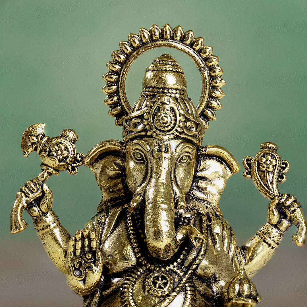 Brass Left-Trunk Ganesha Murti | 3" Ekadanta Idol Sitting on Lotus for