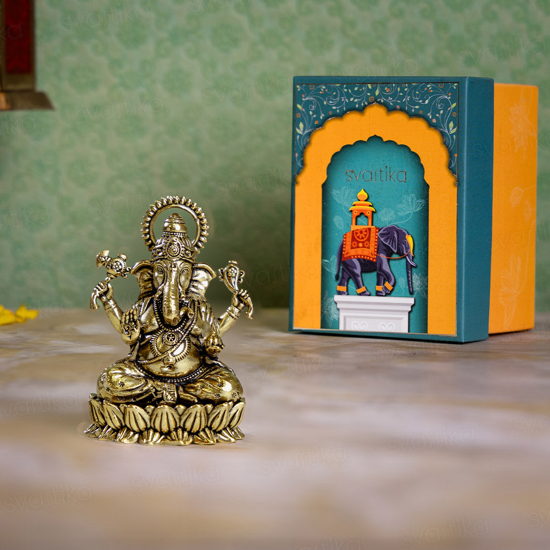 Brass Left-Trunk Ganesha Murti | 3" Ekadanta Idol Sitting on Lotus for