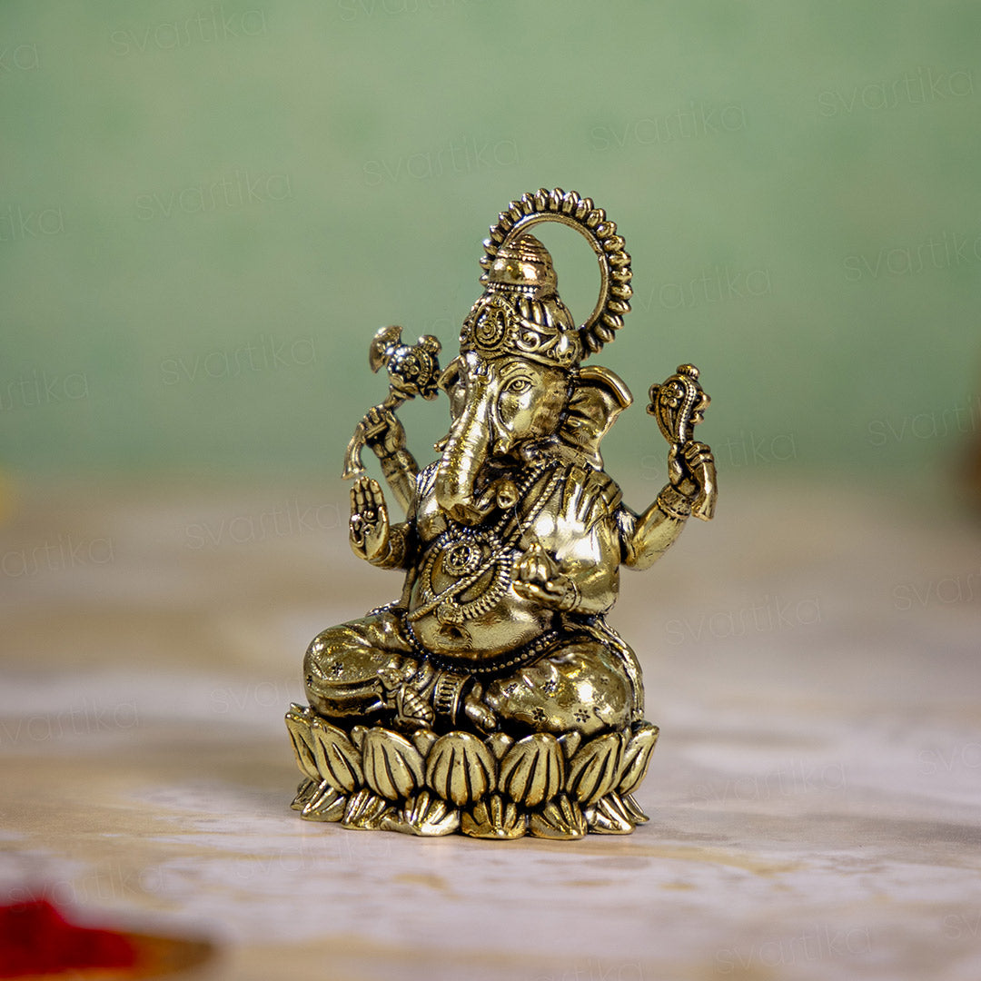 Brass Left-Trunk Ganesha Murti | 3" Ekadanta Idol Sitting on Lotus for