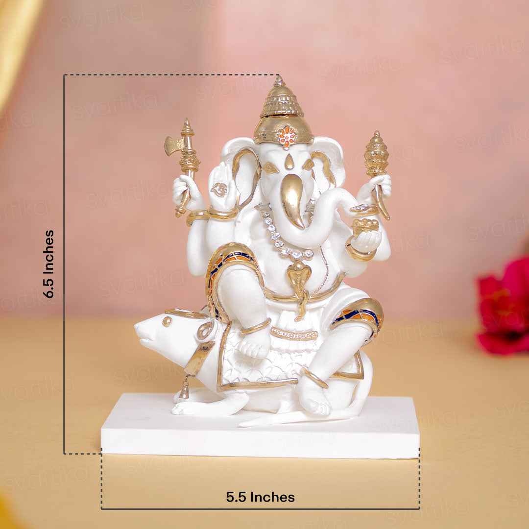 Elegant White & Gold Lord Ganesha With Mushak (6.5 Inch)
