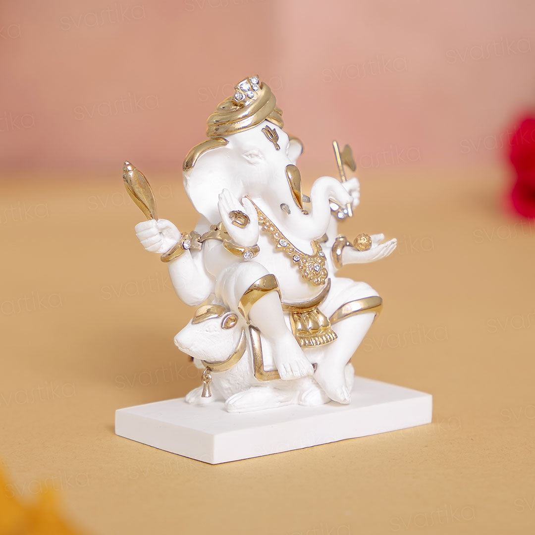 Premium White & Gold Lord Ganesh With Mushak