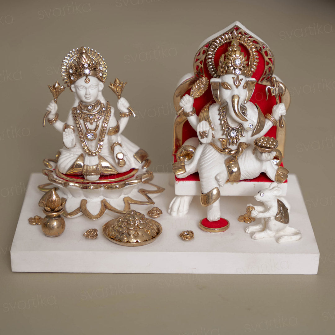 Exquisite White & Gold Lakshmi Ganesh Murti (6 inch)