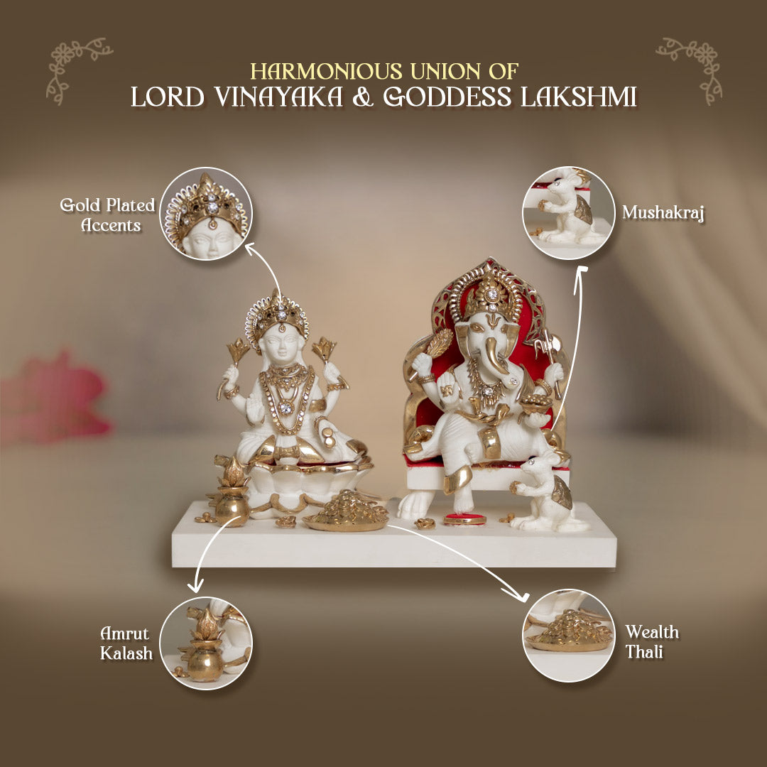 Exquisite White & Gold Lakshmi Ganesh Murti (6 inch)