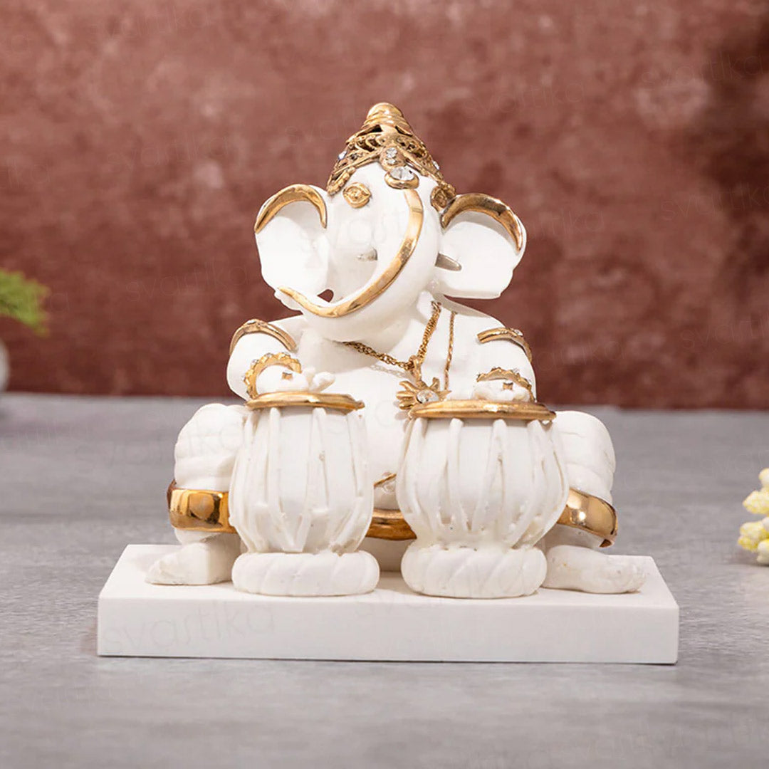 White Ganesha Playing Tabla Idol | 4" Marble Dust Statue with 24K Gold