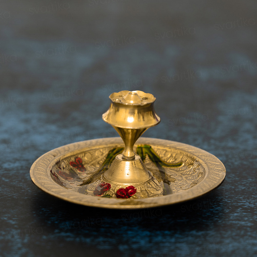 Floral Intricate Meenakari Work Brass Pooja Thali | 10" Brass Thali Se