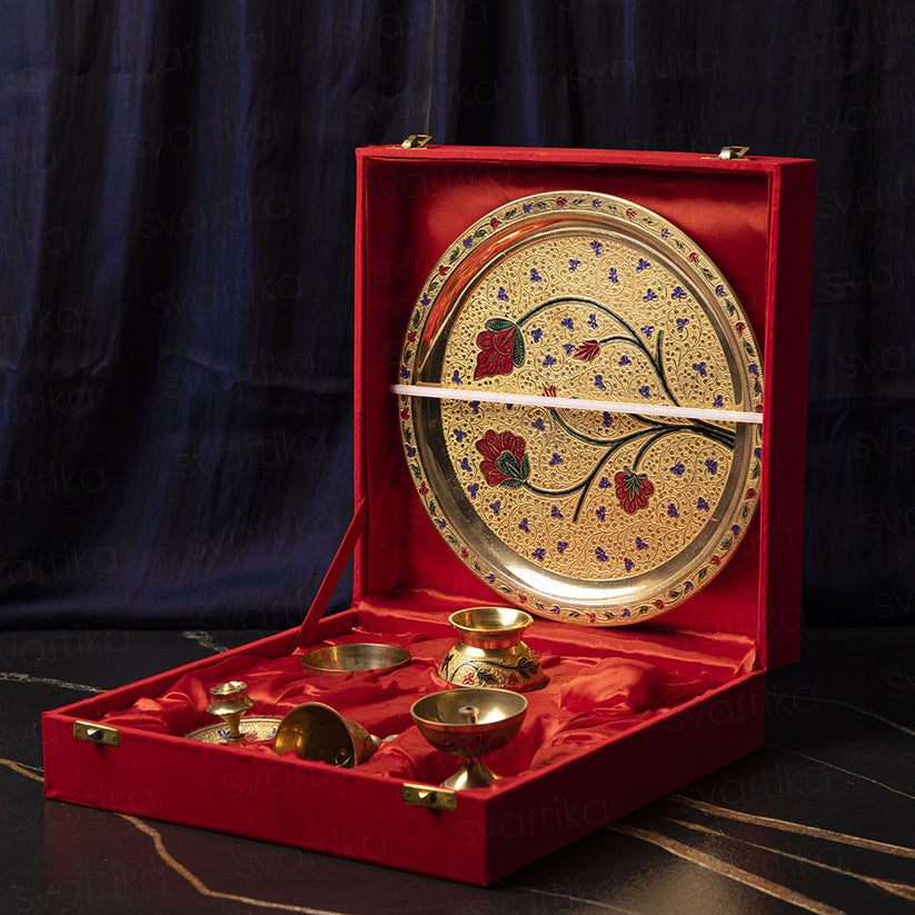Meenakari Handwork Brass Pooja Thali Set with Intricate Floral Pattern