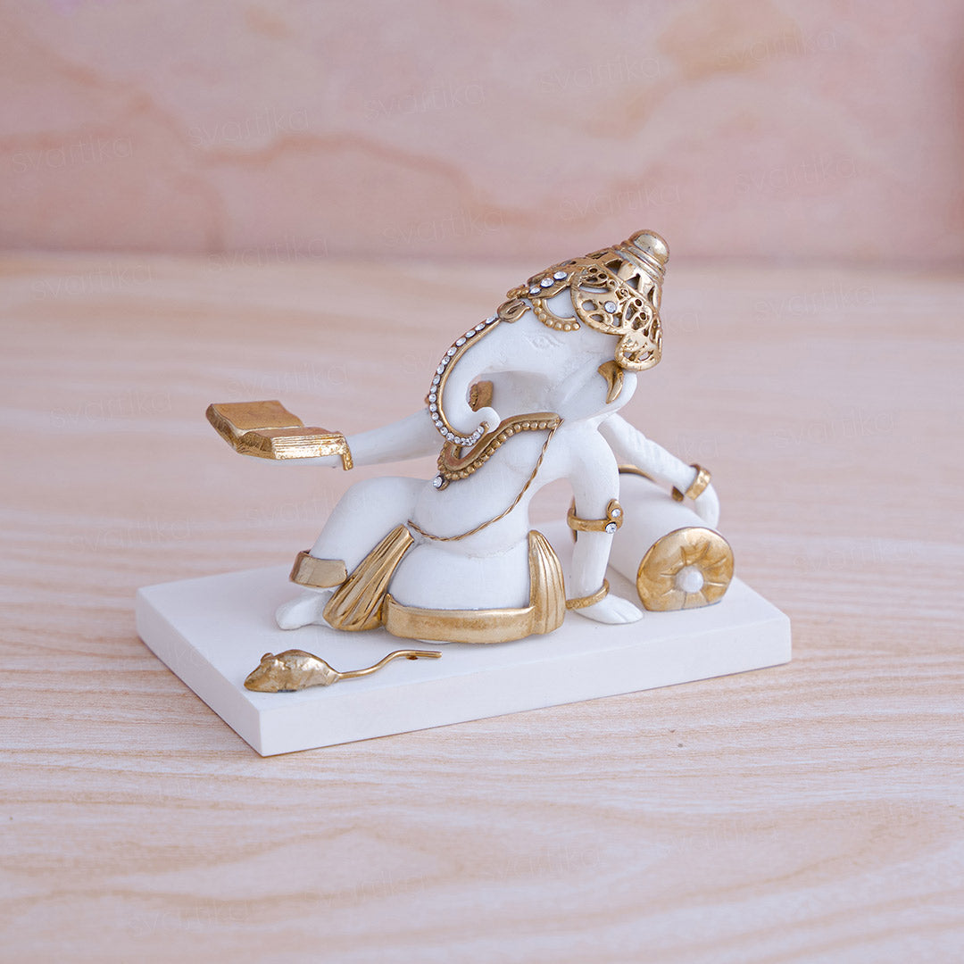 Premium White & Gold Ganesha Reading Idol (3 Inch)