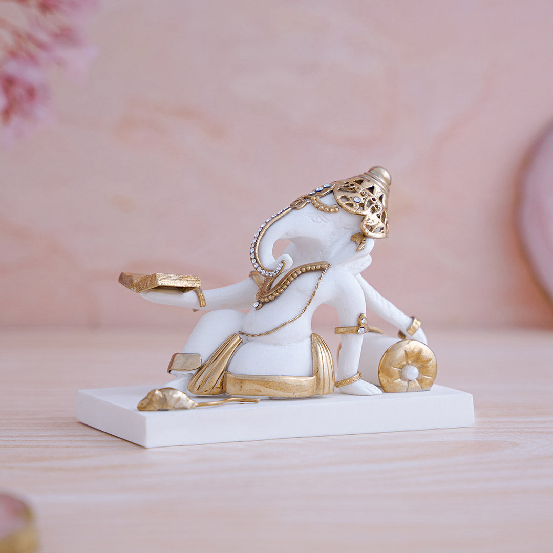 Premium White & Gold Ganesha Reading Idol (3 Inch)