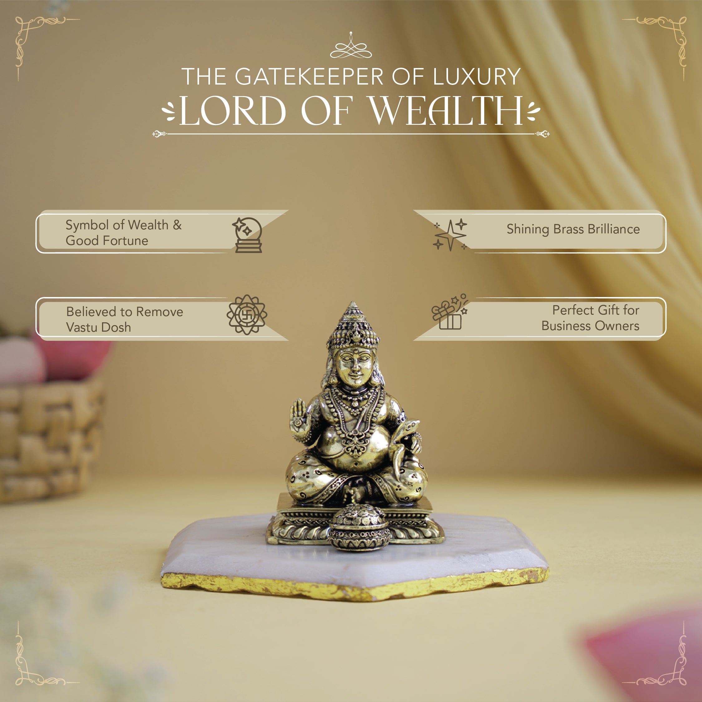 Brass Lord Kubera Statue with Mongoose (4 Inches)