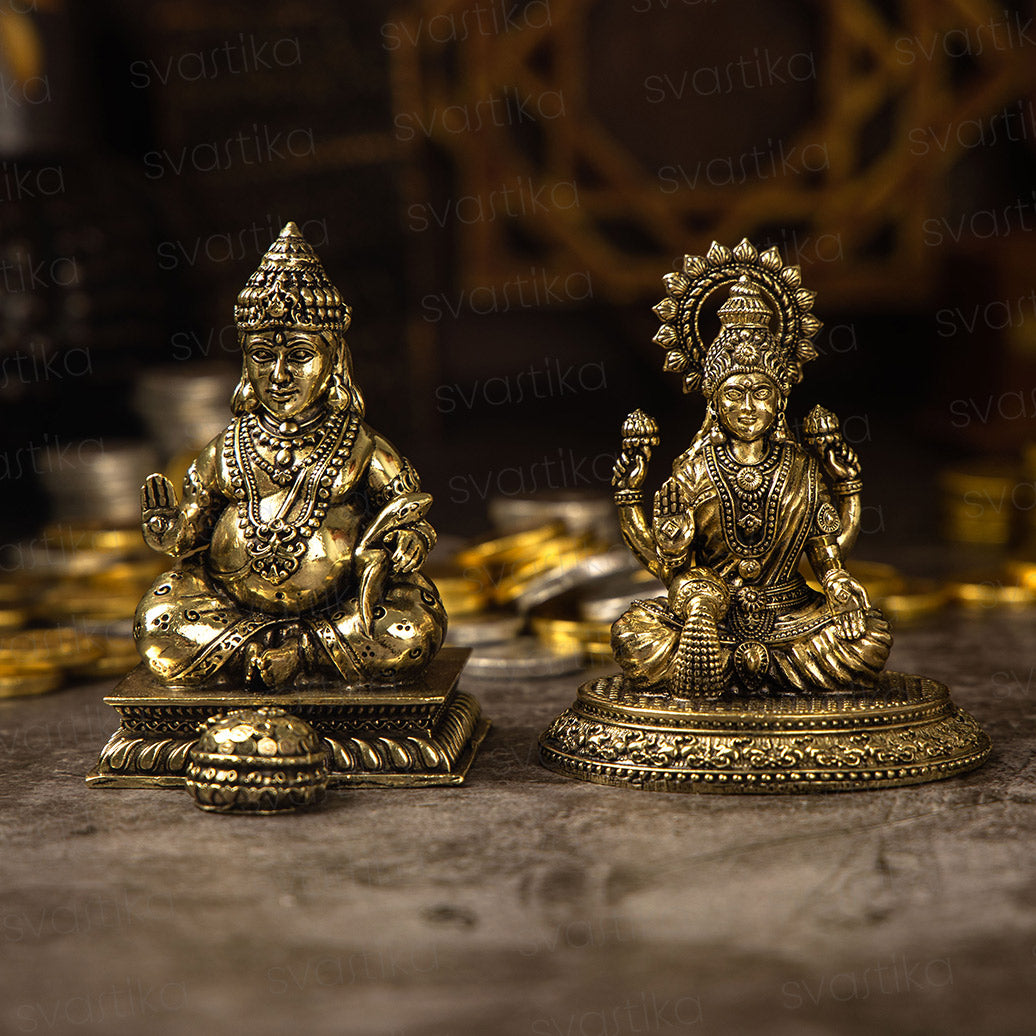 Brass Lakshmi Kuber Statue Pair | 4" Idol Set for Wealth, Vastu & Abun