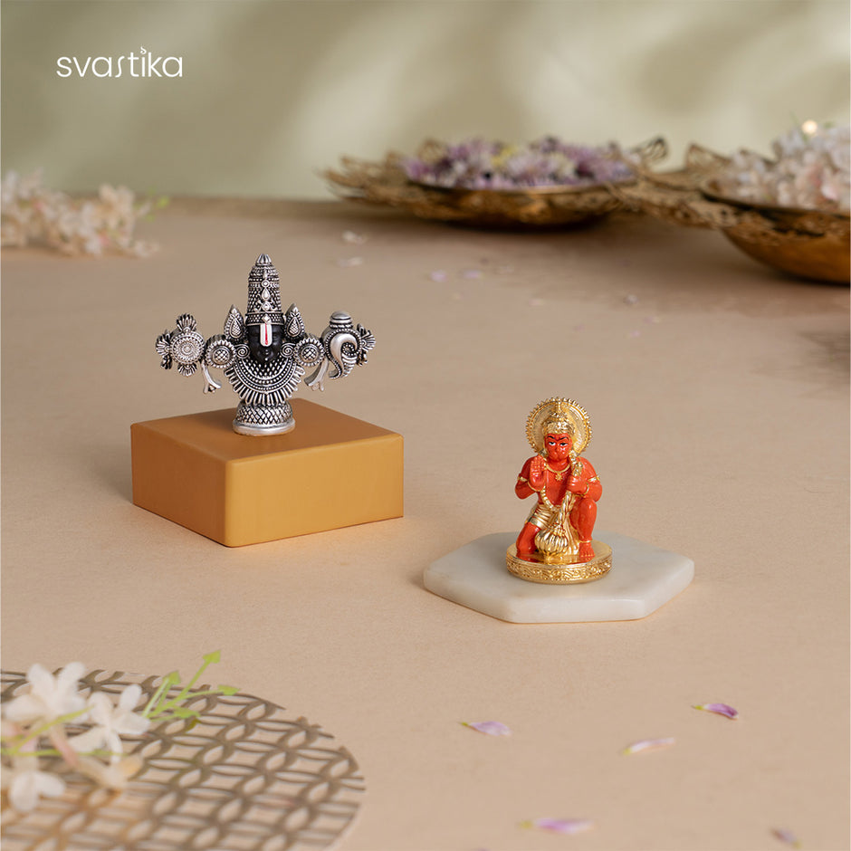 Balaji Face Idol & Sinduri Hanuman Murti Combo – Silver & Gold Plated Set