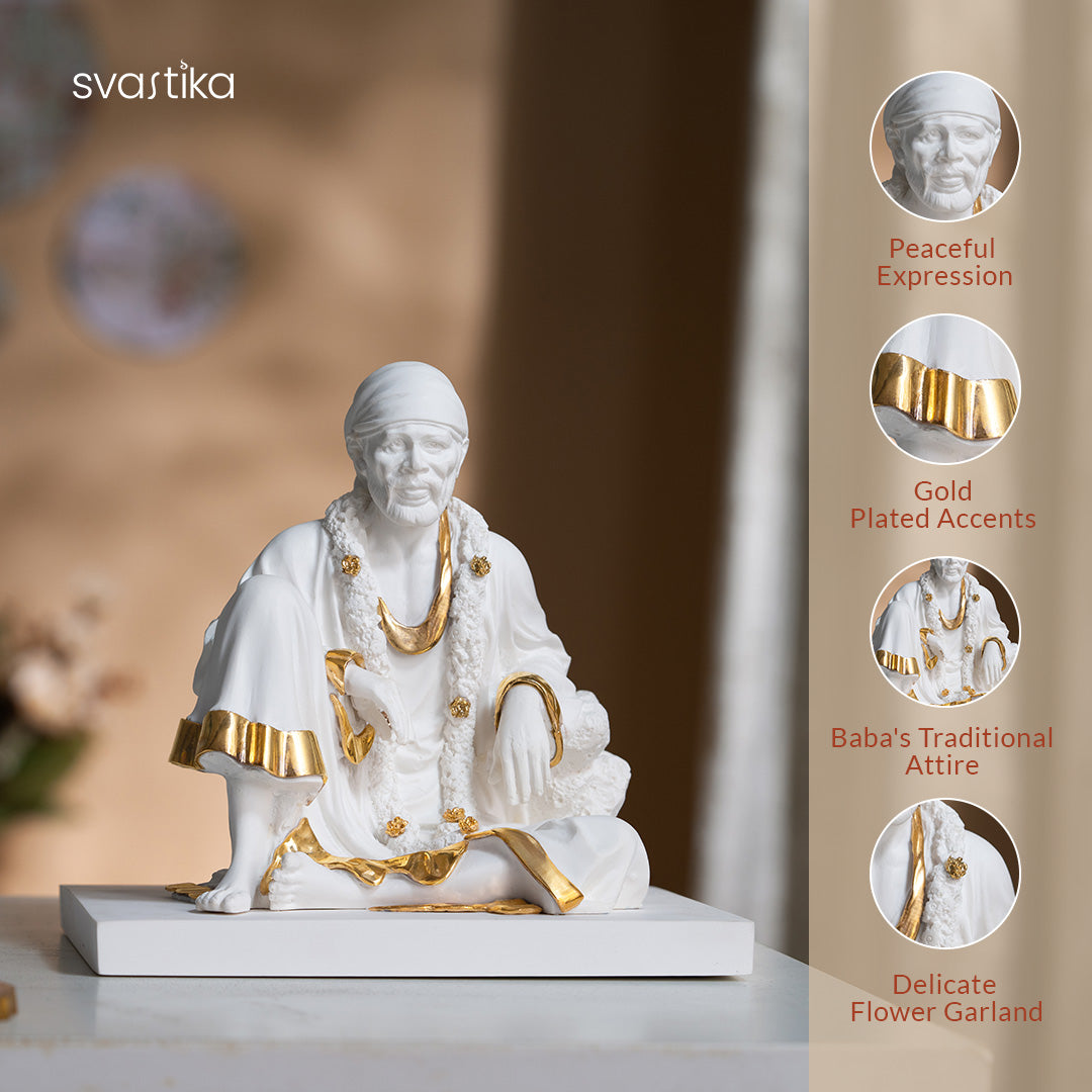 Luxurious White & Gold Sitting Sai Baba Idol (6 Inch)