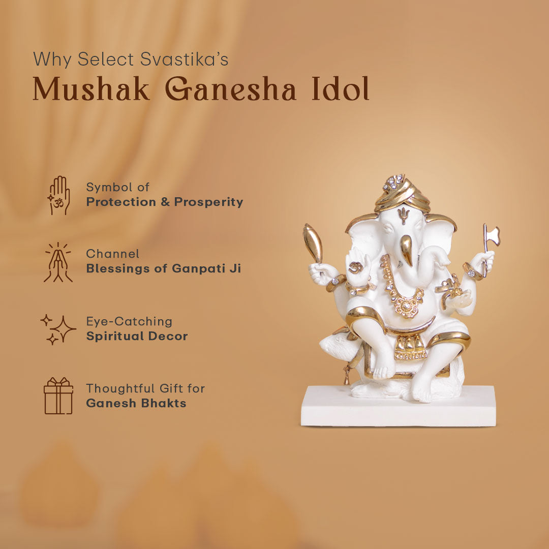 Premium White & Gold Lord Ganesh With Mushak