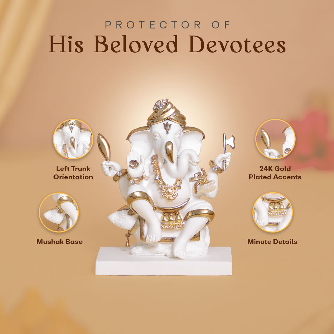 Premium White & Gold Lord Ganesh With Mushak