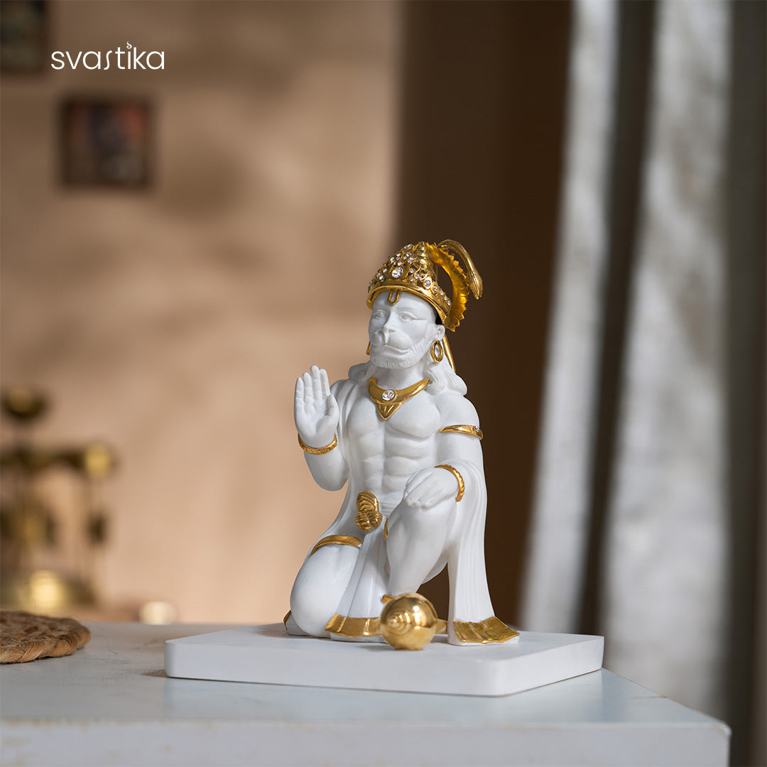 Premium White & Gold Hanuman Ji Kneeling Statue (6.5 Inch)