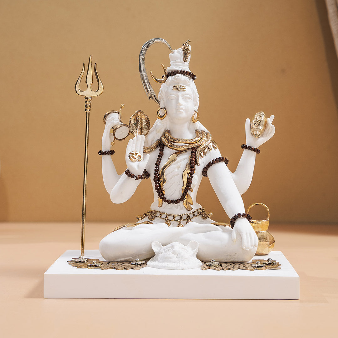 Premium White & Gold Plated Shiva Statue With Trishul (7 Inch)