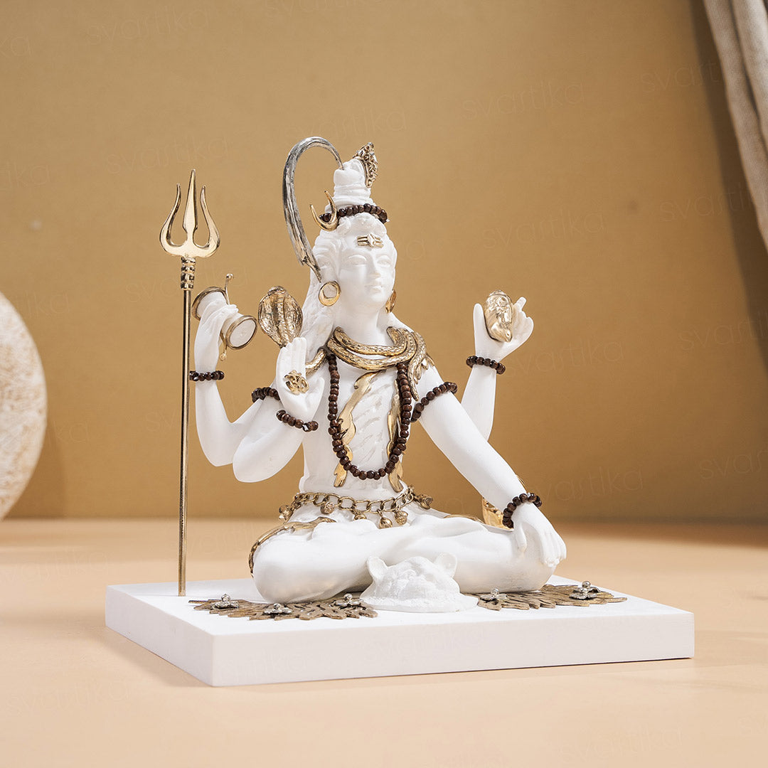 Premium White & Gold Plated Shiva Statue With Trishul (7 Inch)