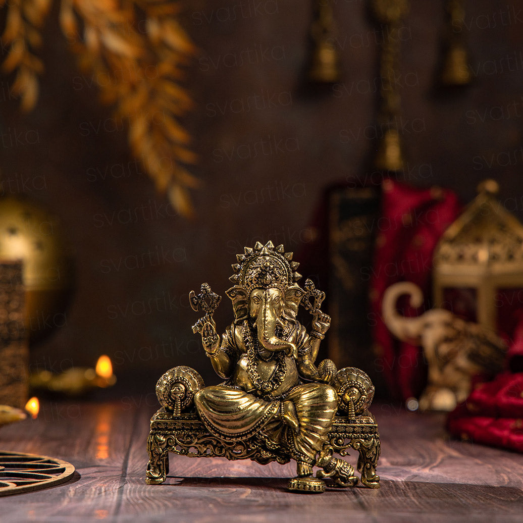 Brass Ganesh Idol Virajman on Sinhasan | 4" Murti for Pooja Room & Hou