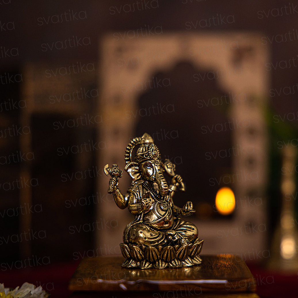 Highly Detailed Left-Trunk Ganesh ji on Lotus Brass Idol | 3 Inch