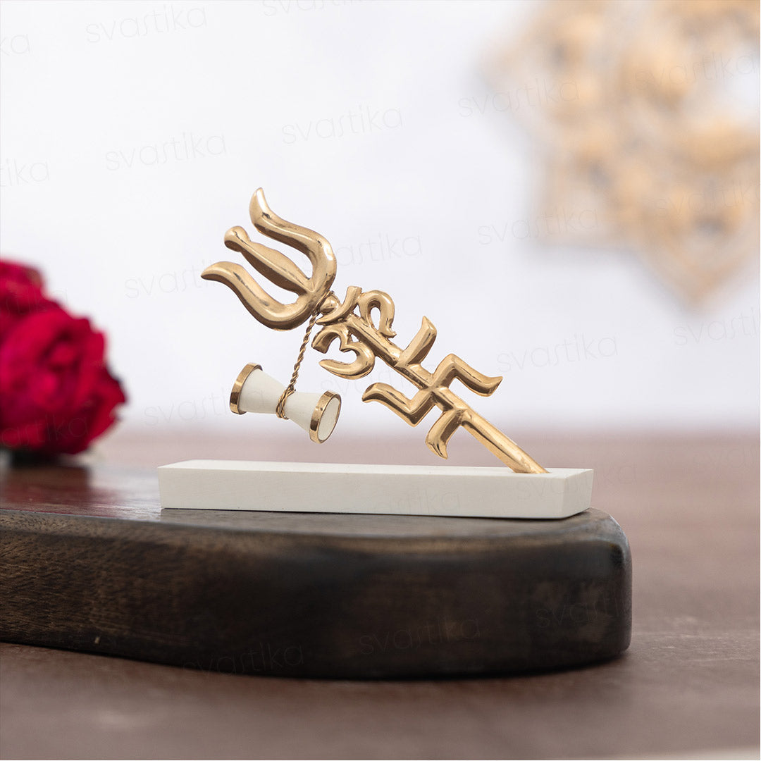 Trishul & Damroo for Car Dashboard - Gold Plated (2.5 Inch)