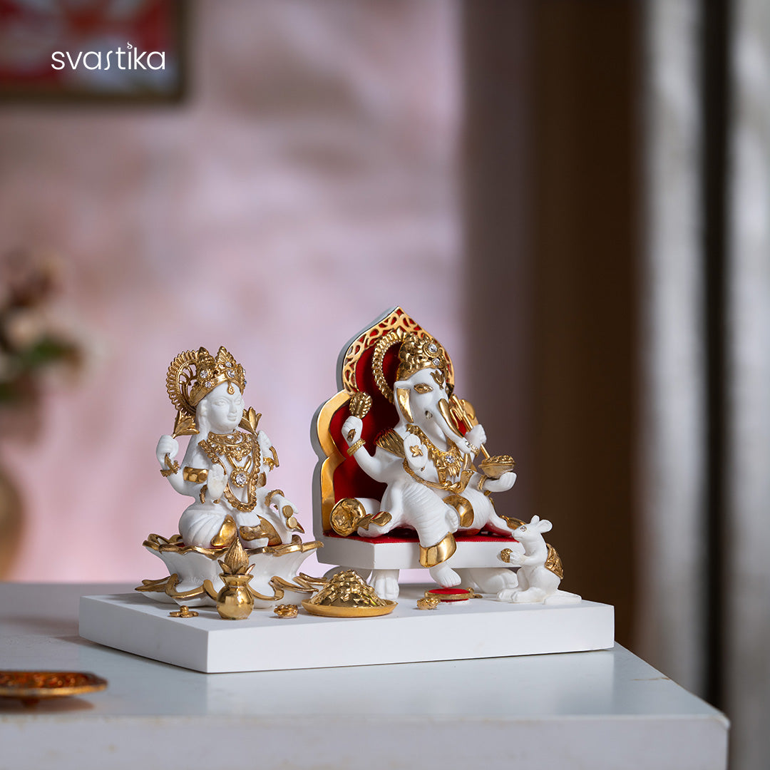 Exquisite White & Gold Lakshmi Ganesh Murti (6 inch)