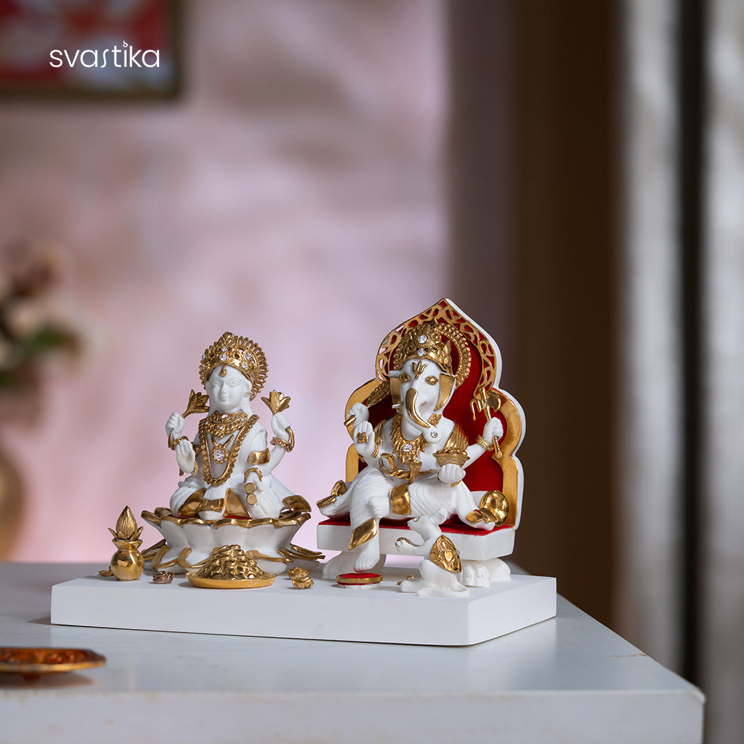 Exquisite White & Gold Lakshmi Ganesh Murti (6 inch)