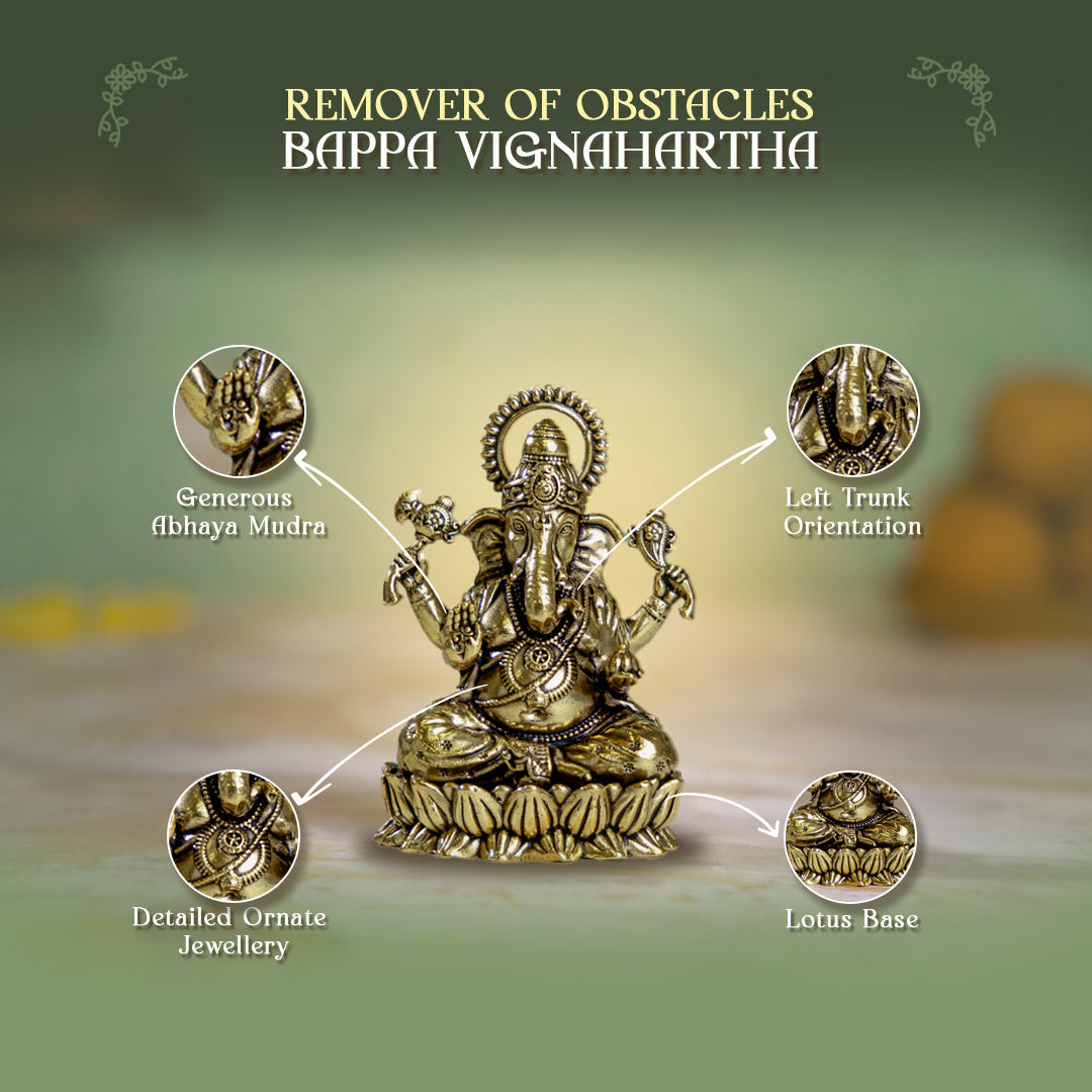 Brass Left-Trunk Ganesha Murti | 3" Ekadanta Idol Sitting on Lotus for