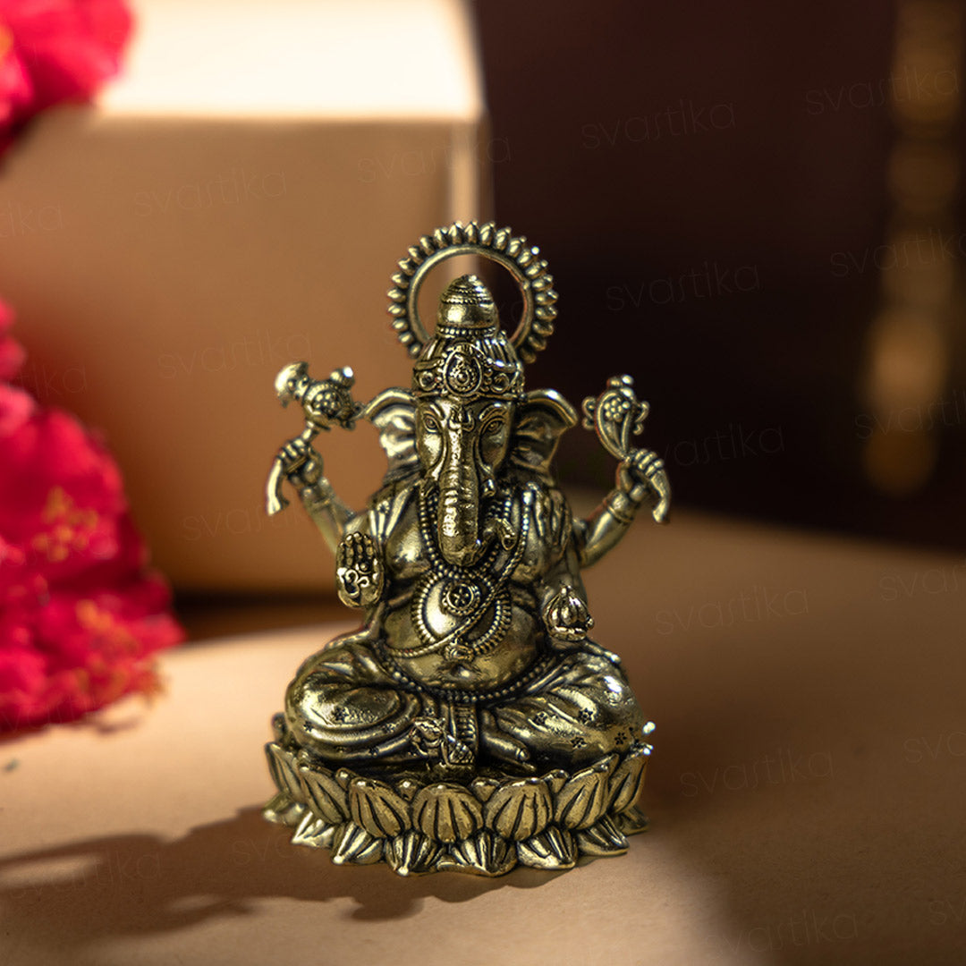 Brass Left-Trunk Ganesha Murti | 3" Idol Sitting on Lotus for Home Man