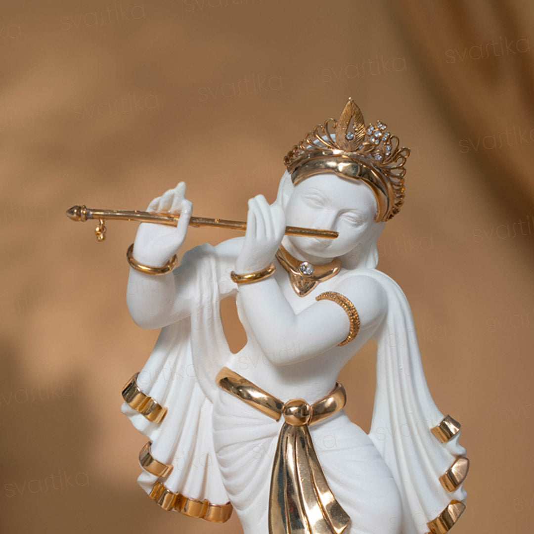 Elegant White & Gold Lord Krishna Idol Playing Flute (8.25 Inch)