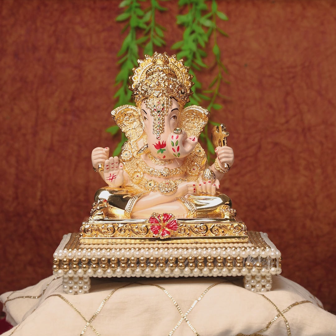 Dagdusheth Ganpati Murti With Chowki For Home - Gold Plated (7 Inch)