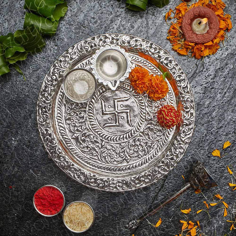 Swastik Engraved Pooja Thali -Silver Plated (10 Inch)